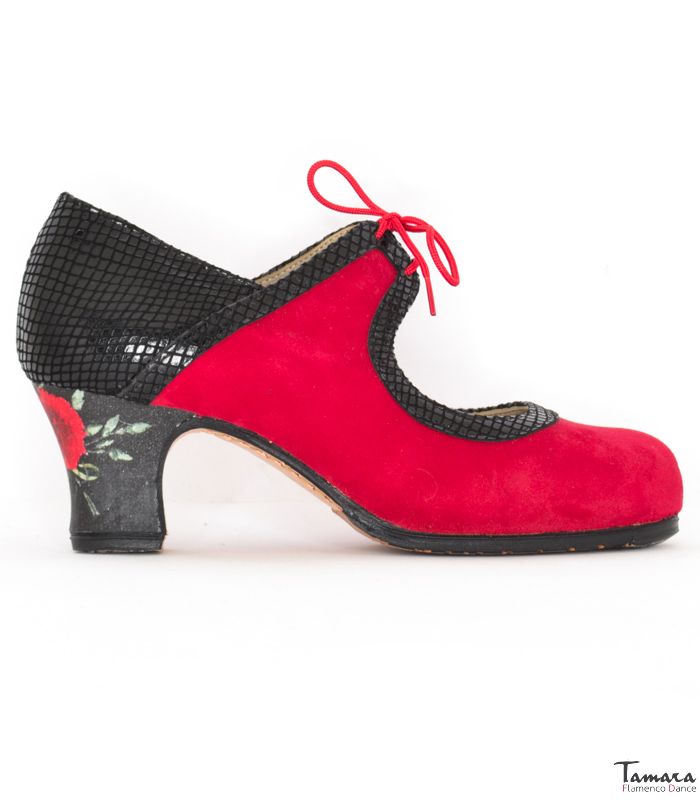 Rumba Flamenco Shoes Black-Red Decorated Heel Suede/Snake Spool 6cm ...